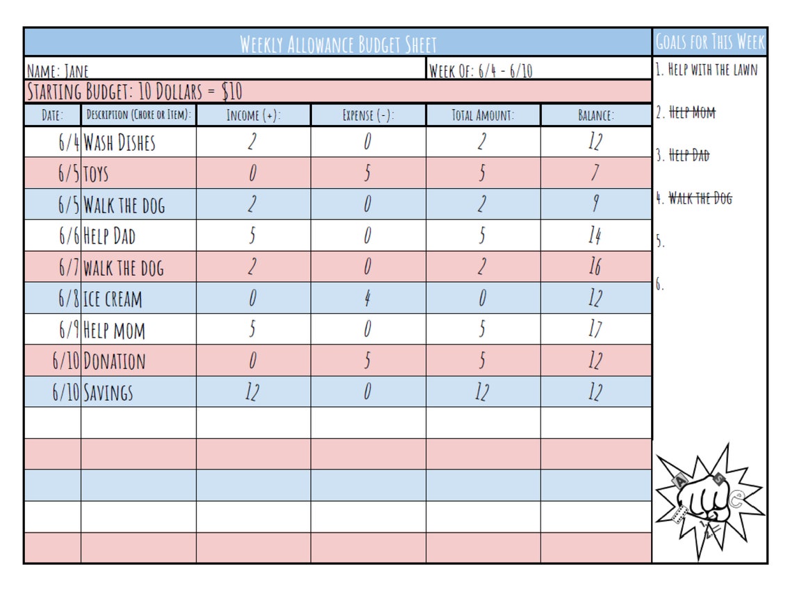 Weekly Allowance and Budget Printable Worksheet for Kids and Teens ...