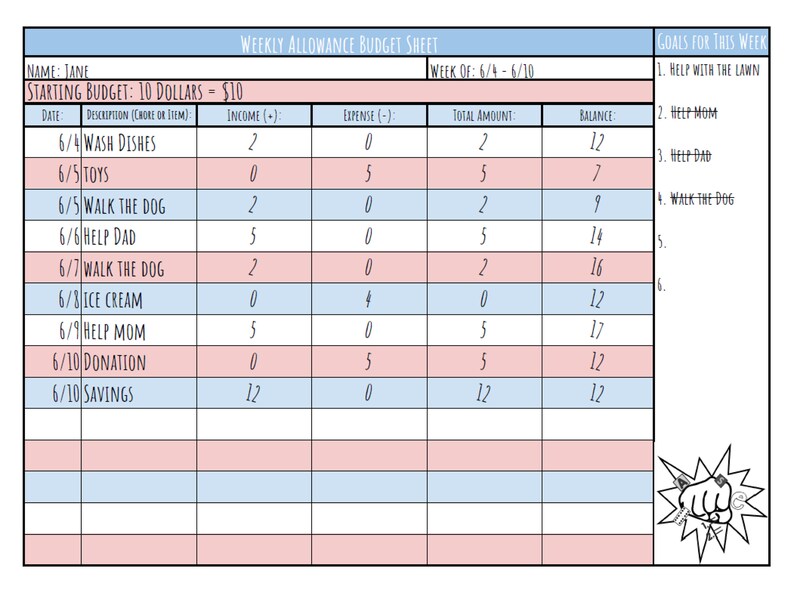 Weekly Allowance and Budget Printable Worksheet for Kids and Teens ...