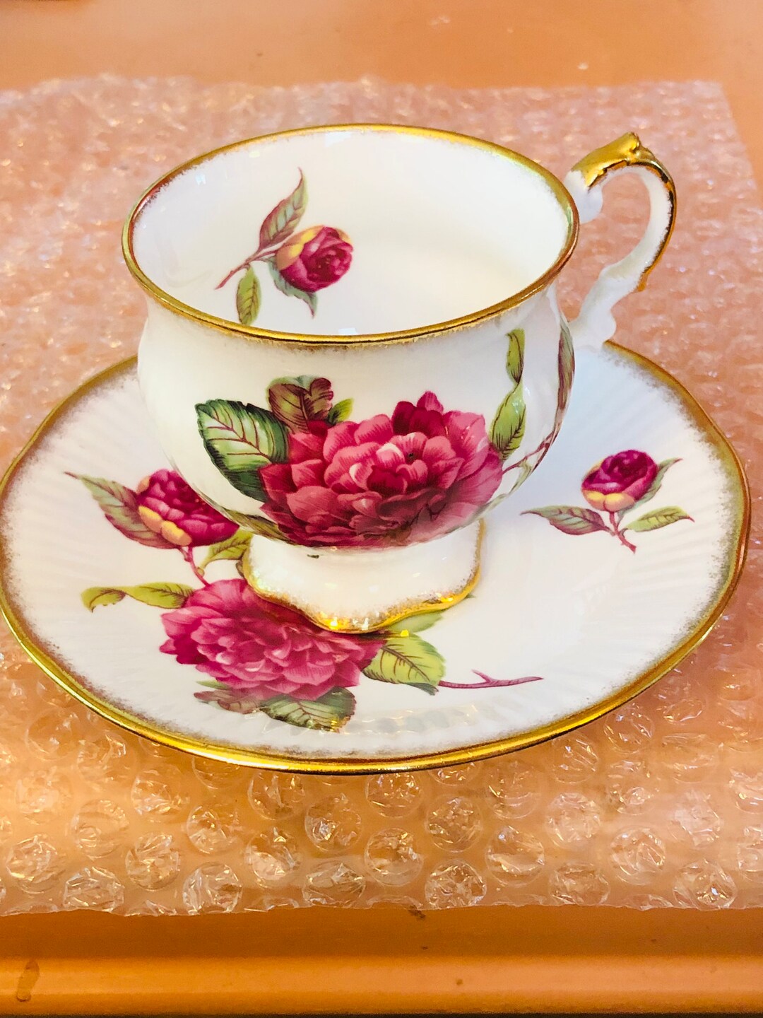 Royal Crest Teacup and Saucer. Floral Rose Design. Vintage Fine Bone ...