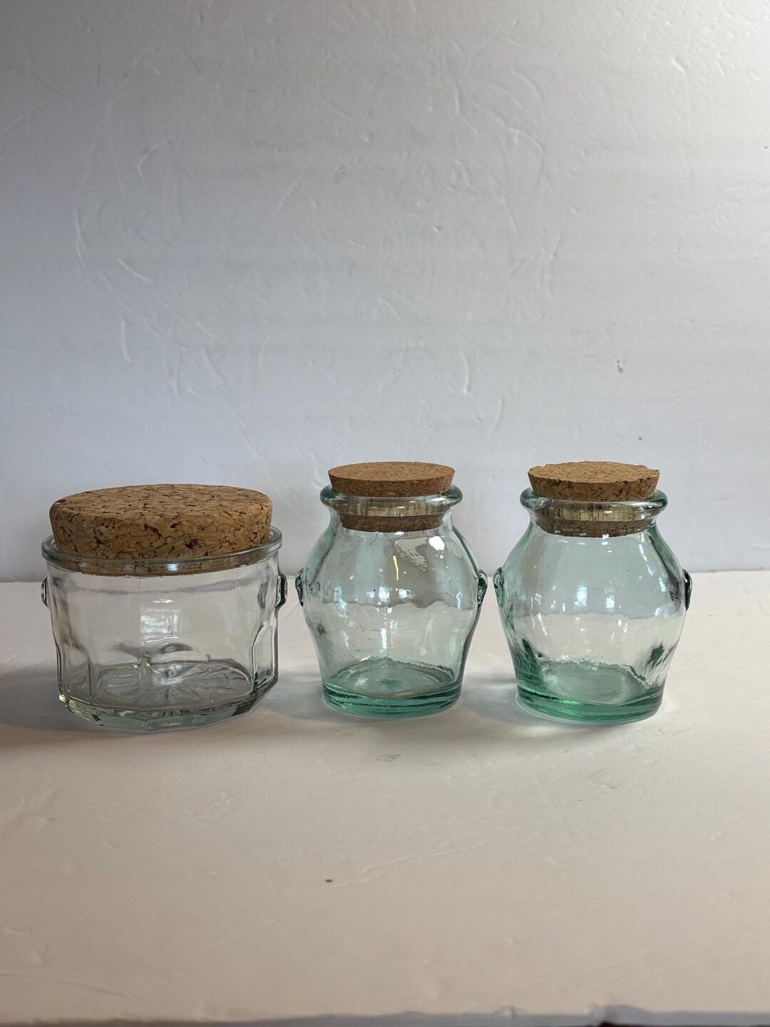 3 Vintage Green & Clear Glass Jars. Made in Italy. Cork Lids. 2 Oval. 1 ...