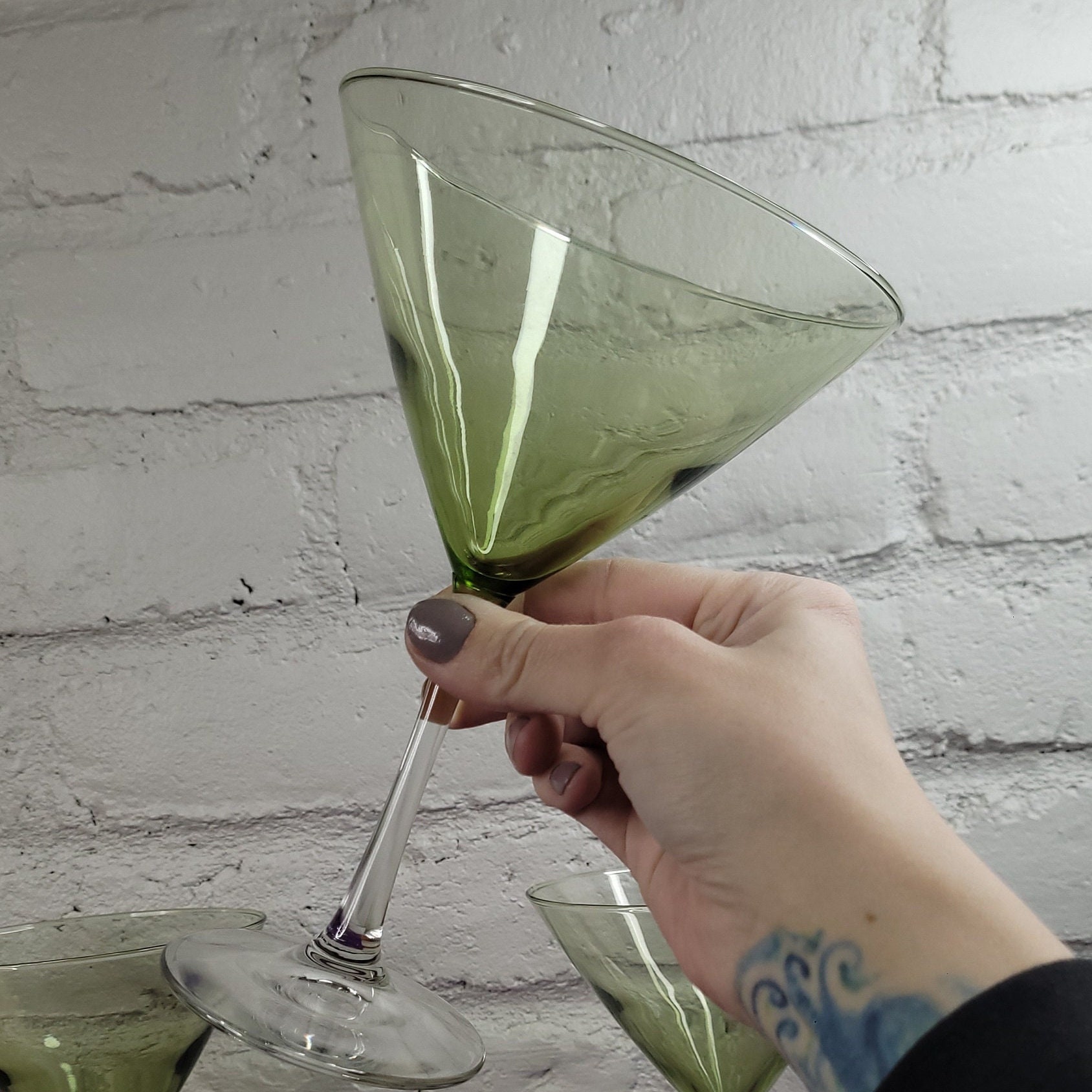 Vintage Olive Green Martini Glasses Set Of 3 Retro 70s Green And Clear Stemware Funky Barware