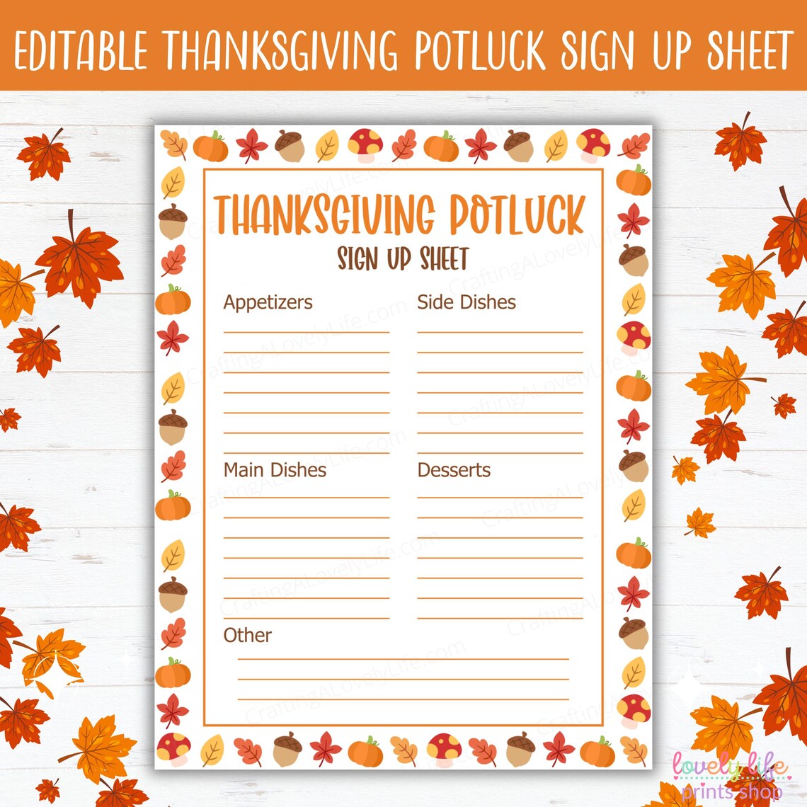 Editable Thanksgiving Potluck Sign up Sheet, Printable Fall Potluck ...