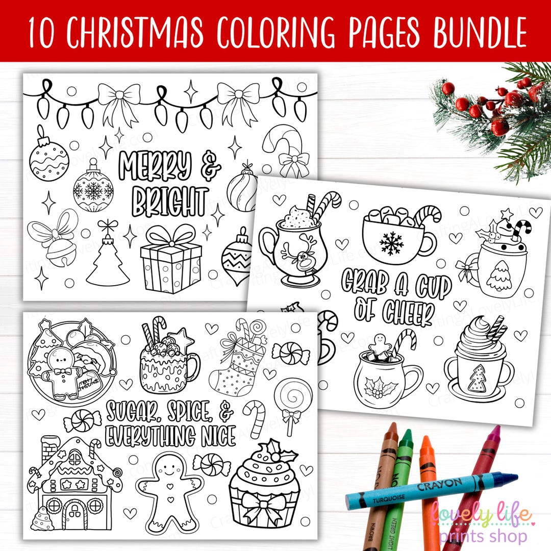 Printable Christmas Coloring Pages Bundle, 10 Holiday Coloring Sheets ...
