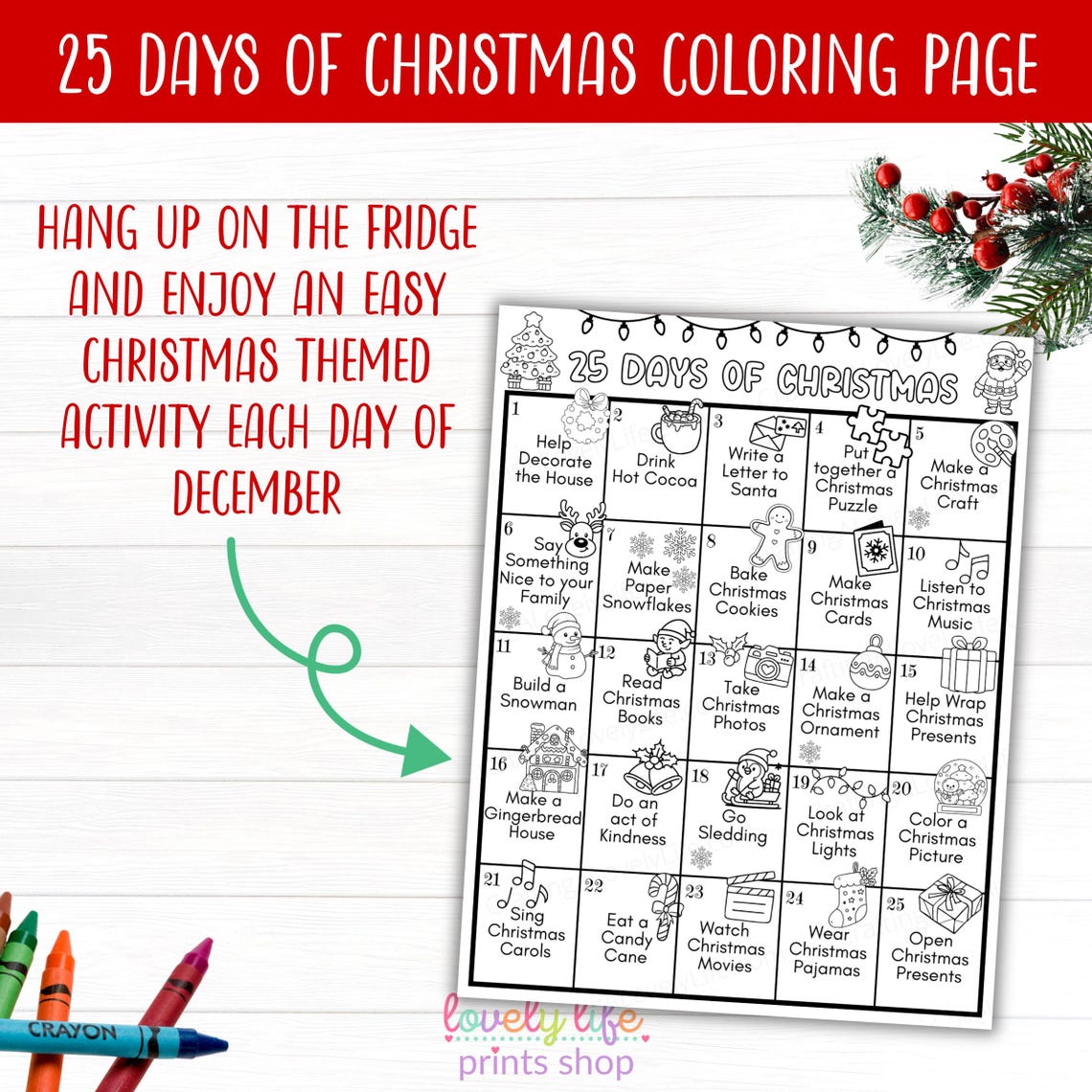 25 Days of Christmas Coloring Page Printable, Kids Holiday Activity ...