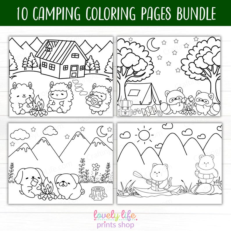 Camping Coloring Page Set, 10 Camping Coloring Pages, Animals Camping ...