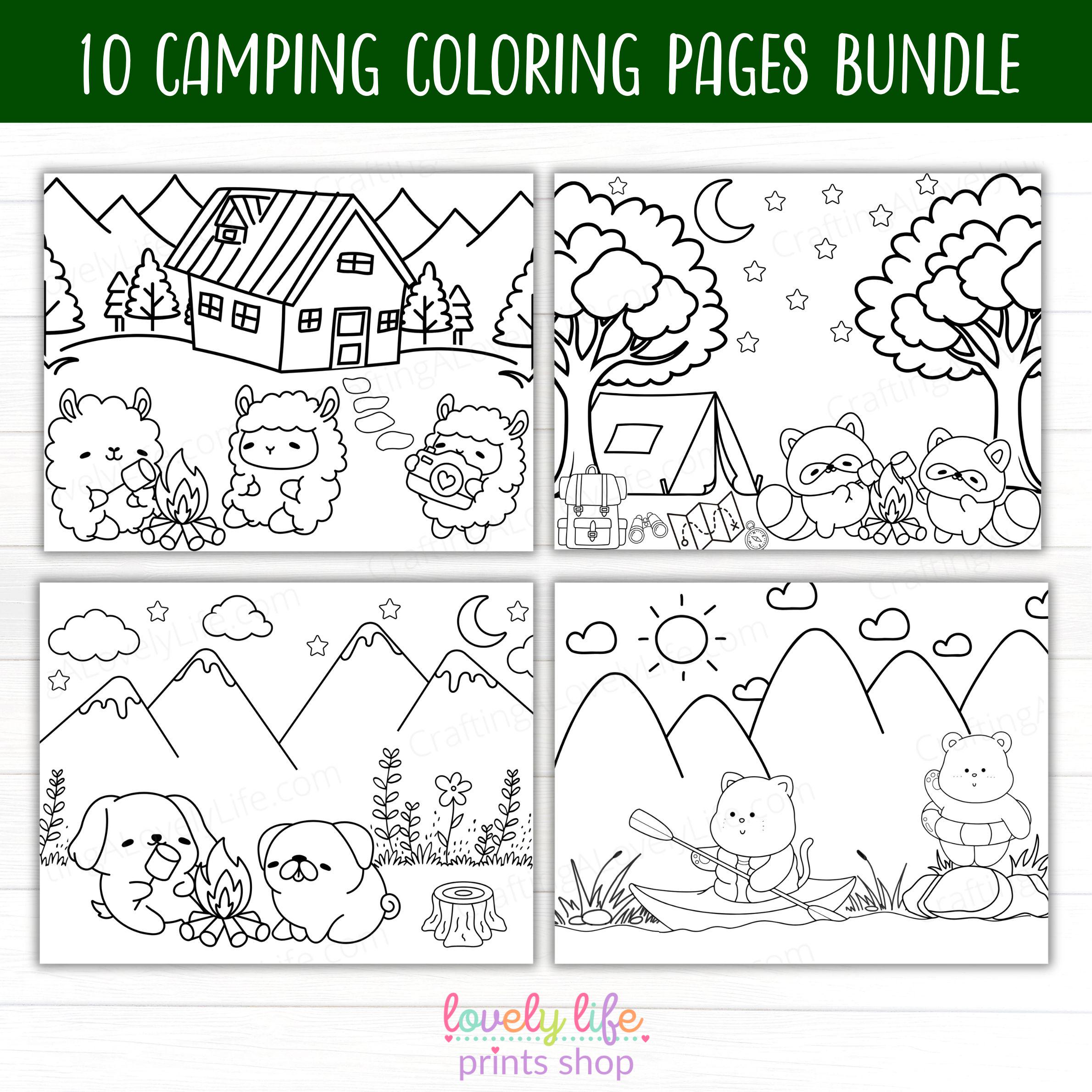 Camping Coloring Page Set, 10 Camping Coloring Pages, Animals Camping ...
