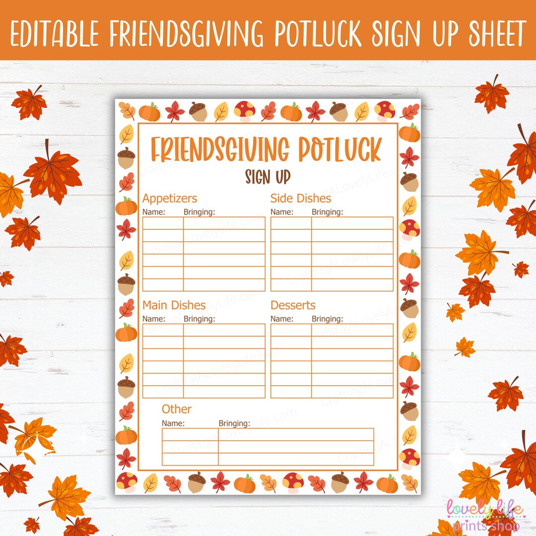 Editable Friendsgiving Potluck Sign up Sheet, Printable Fall Potluck ...