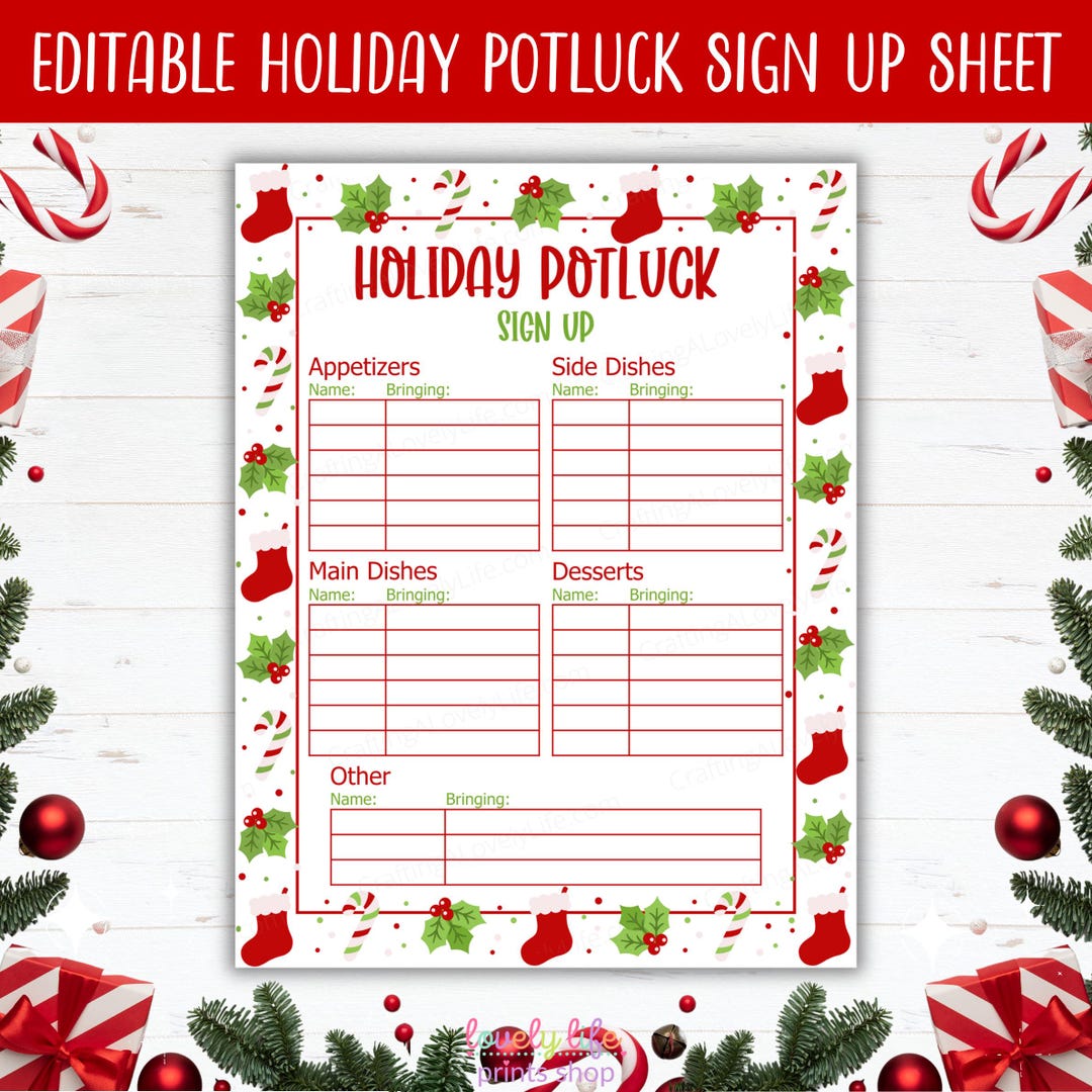Editable Holiday Potluck Sign up Sheet | Printable Winter Potluck ...