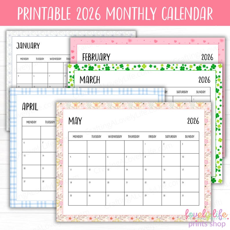 Printable 2026 Monthly Calendar, Seasonal & Holiday Themed, 12-month ...