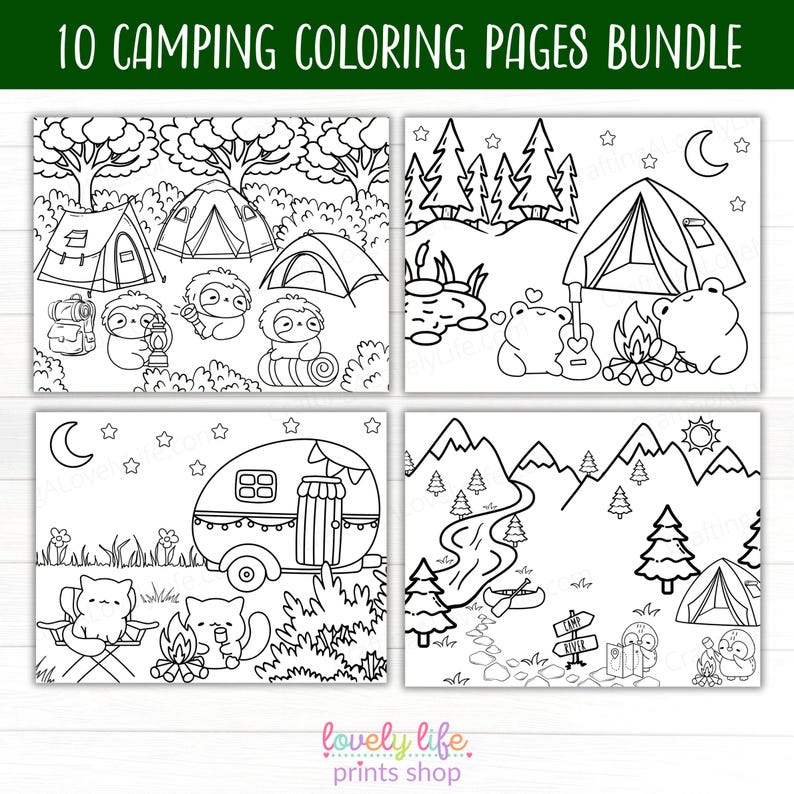 Camping Coloring Page Set, 10 Camping Coloring Pages, Animals Camping ...