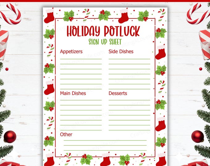 Holiday Potluck Sign up Sheet, Printable Christmas Dinner Food Bringing ...