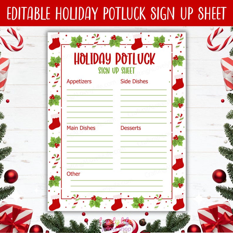 Editable Holiday Potluck Sign up Sheet, Printable Christmas Potluck ...