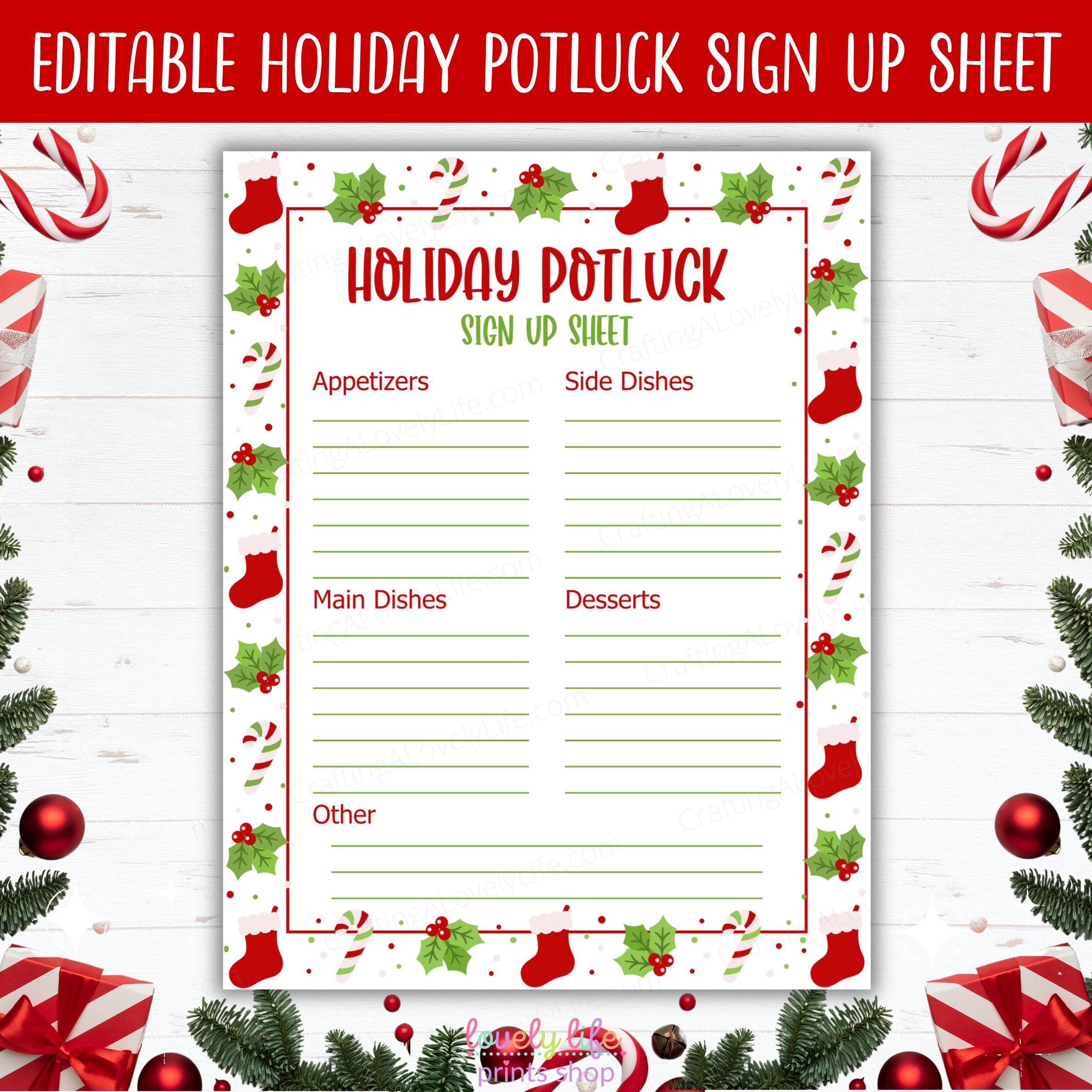 Editable Holiday Potluck Sign up Sheet, Printable Christmas Potluck ...