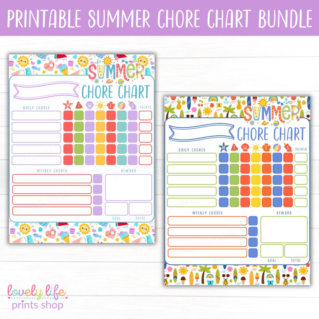 Printable Summer Chore Chart, Kids Chore Chart Printable, Summer ...