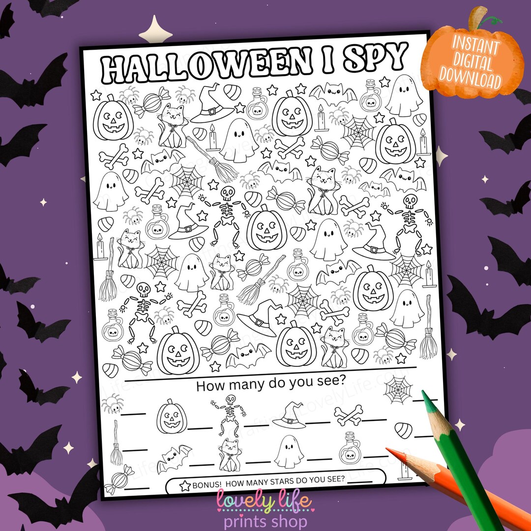 Printable Halloween I Spy Game for Kids, Halloween Coloring Sheet, Fun ...
