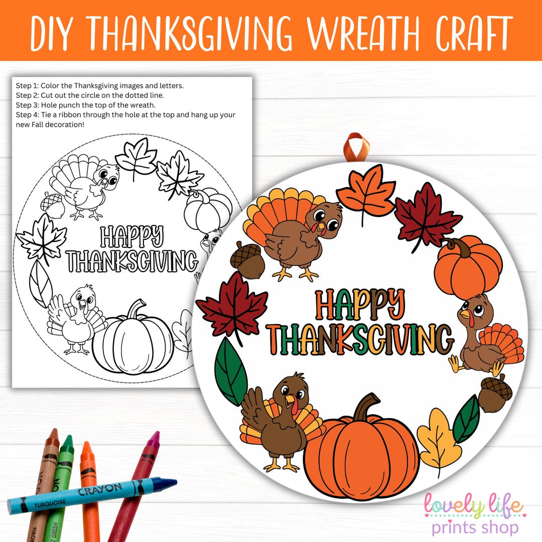 Printable Thanksgiving Wreath Craft for Kids to Color, Fall Coloring ...