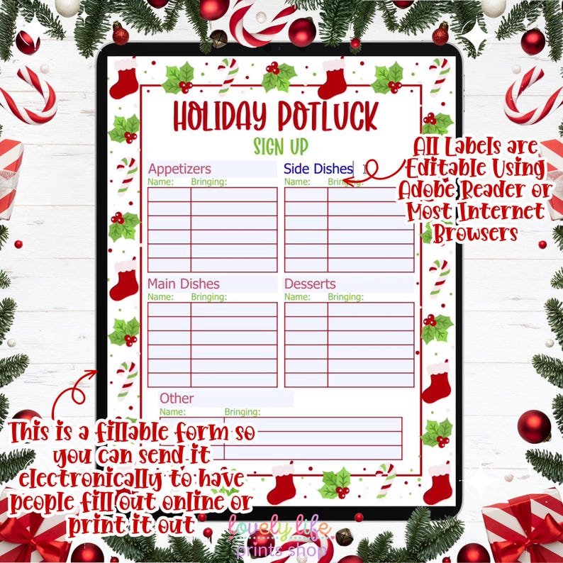Editable Holiday Potluck Sign up Sheet | Printable Winter Potluck ...