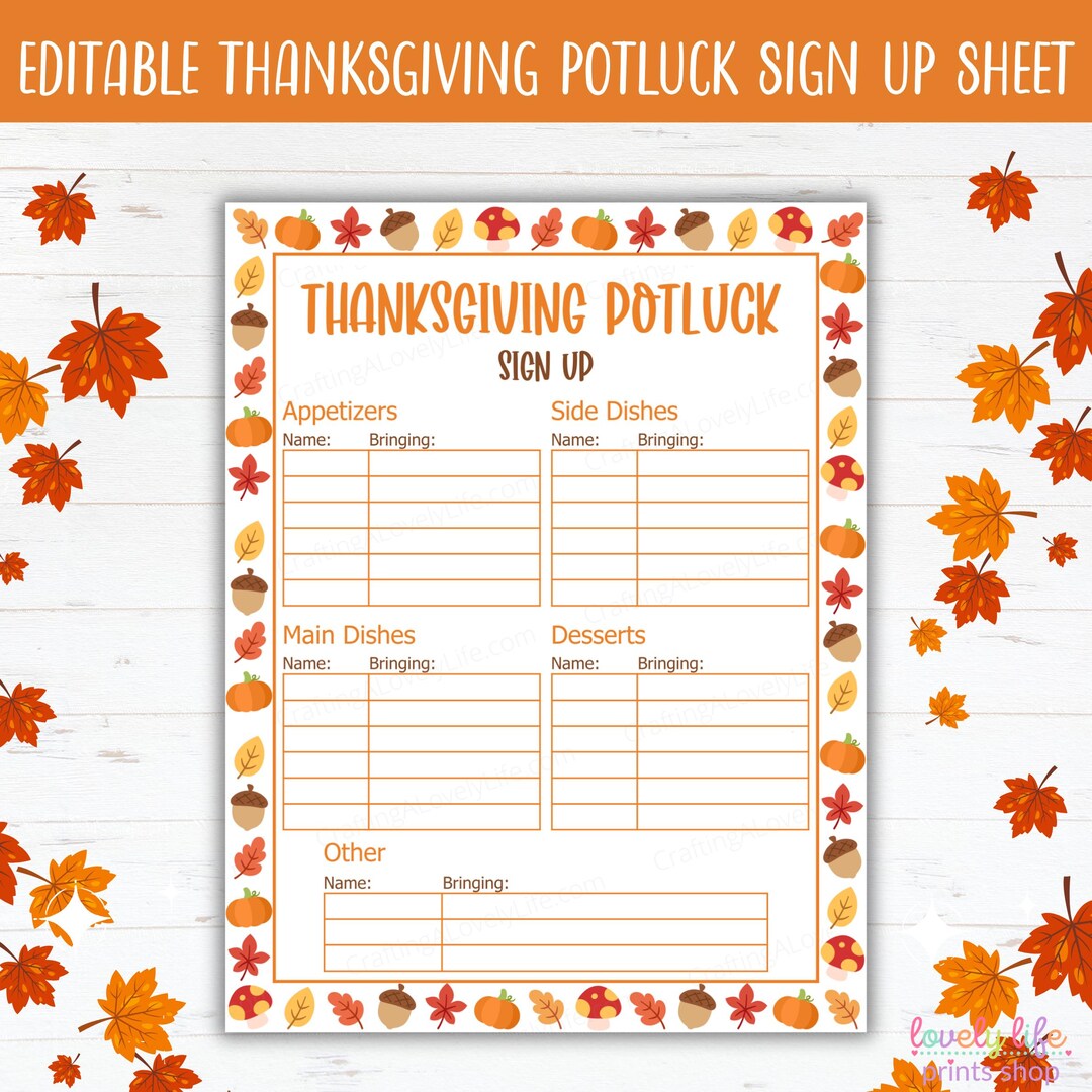 Editable Thanksgiving Potluck Sign up Sheet, Printable Fall Party ...
