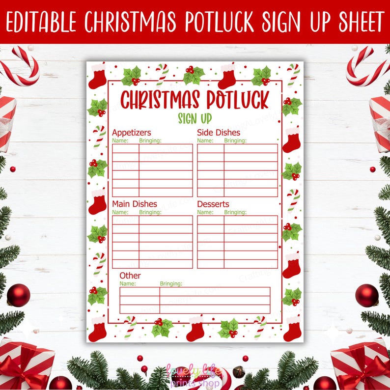 Editable Christmas Potluck Sign up Sheet, Printable Holiday Party ...