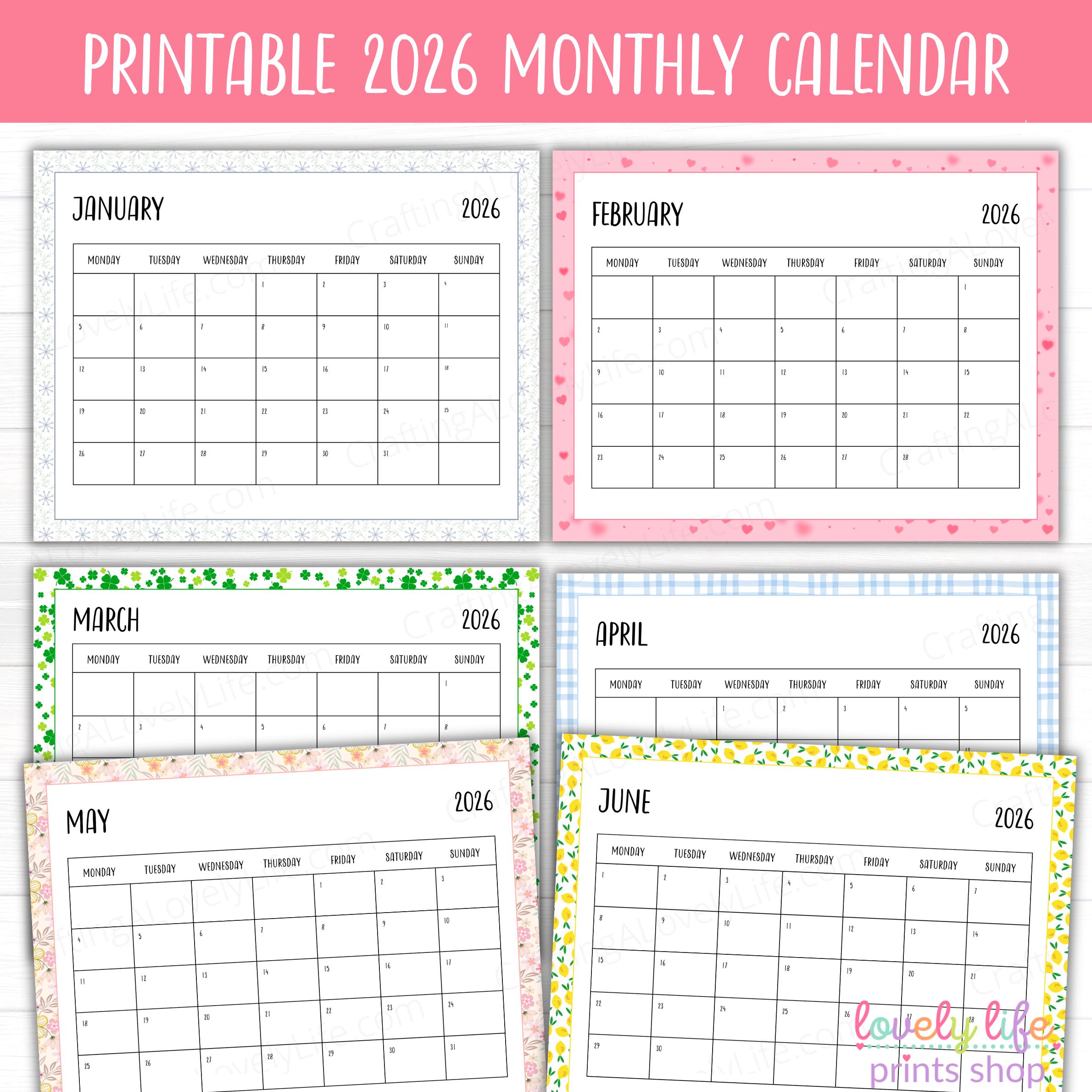 Printable 2026 Monthly Calendar, Seasonal & Holiday Themed, 12-month ...