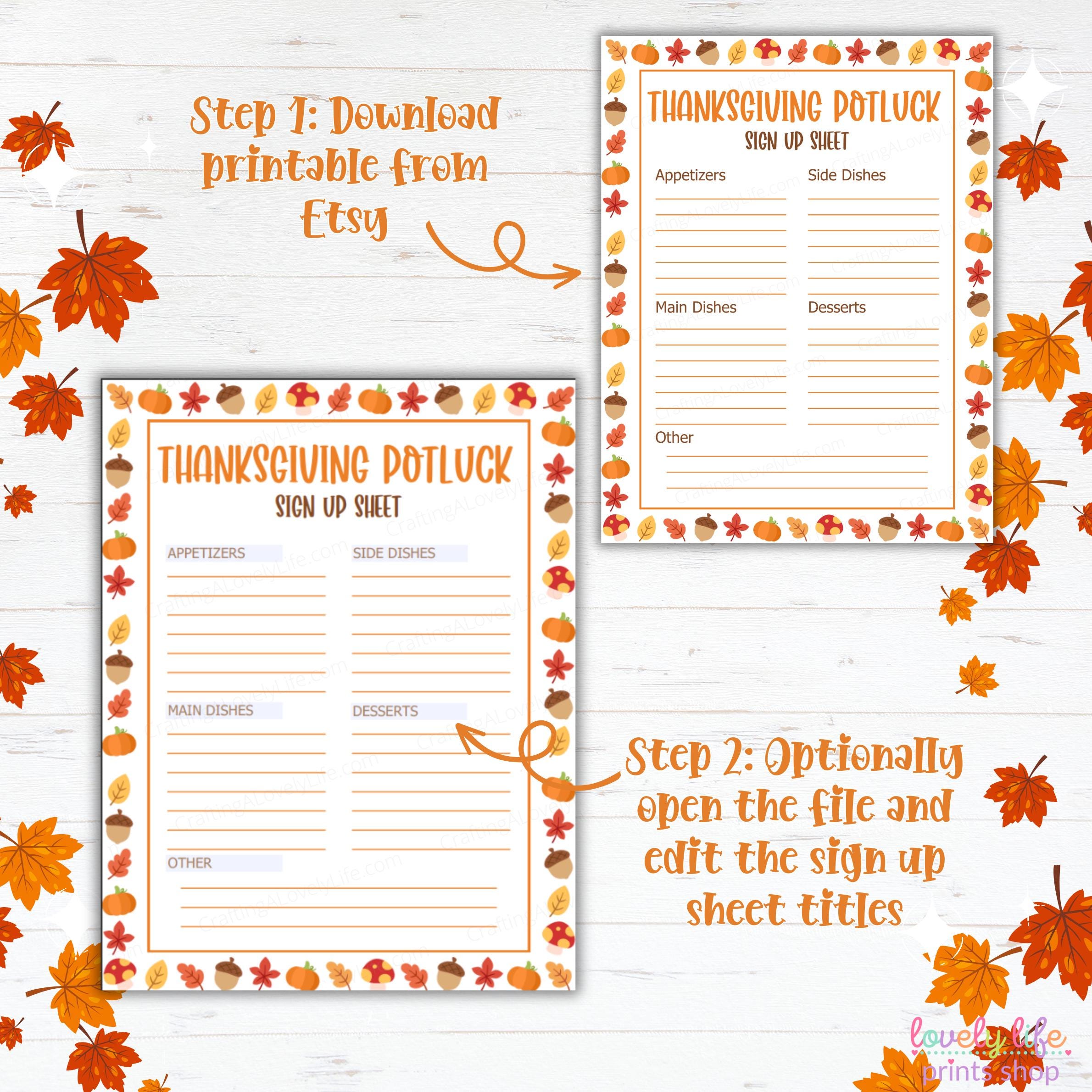 Editable Thanksgiving Potluck Sign up Sheet, Printable Fall Potluck ...