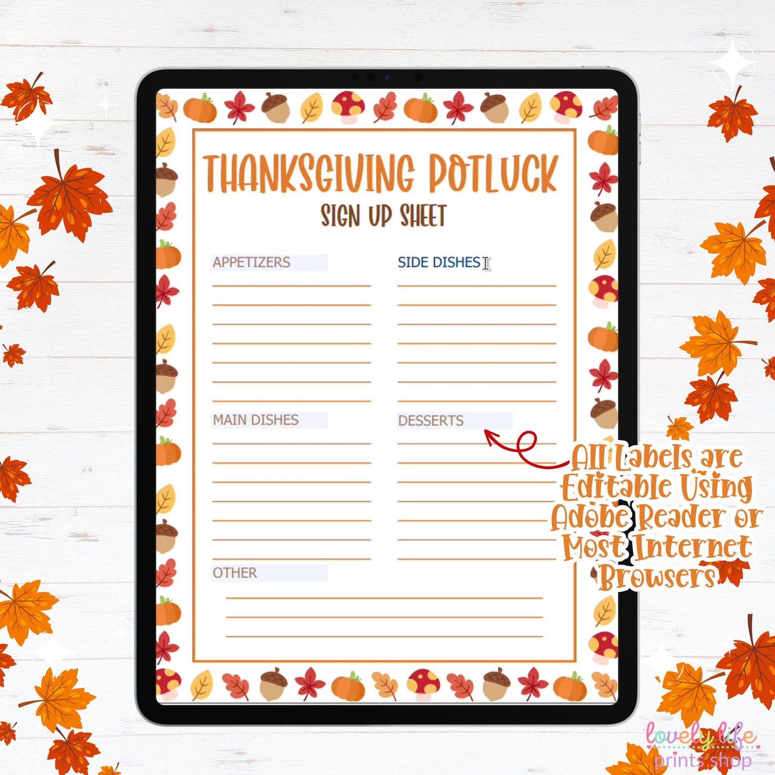 Editable Thanksgiving Potluck Sign up Sheet, Printable Fall Potluck ...