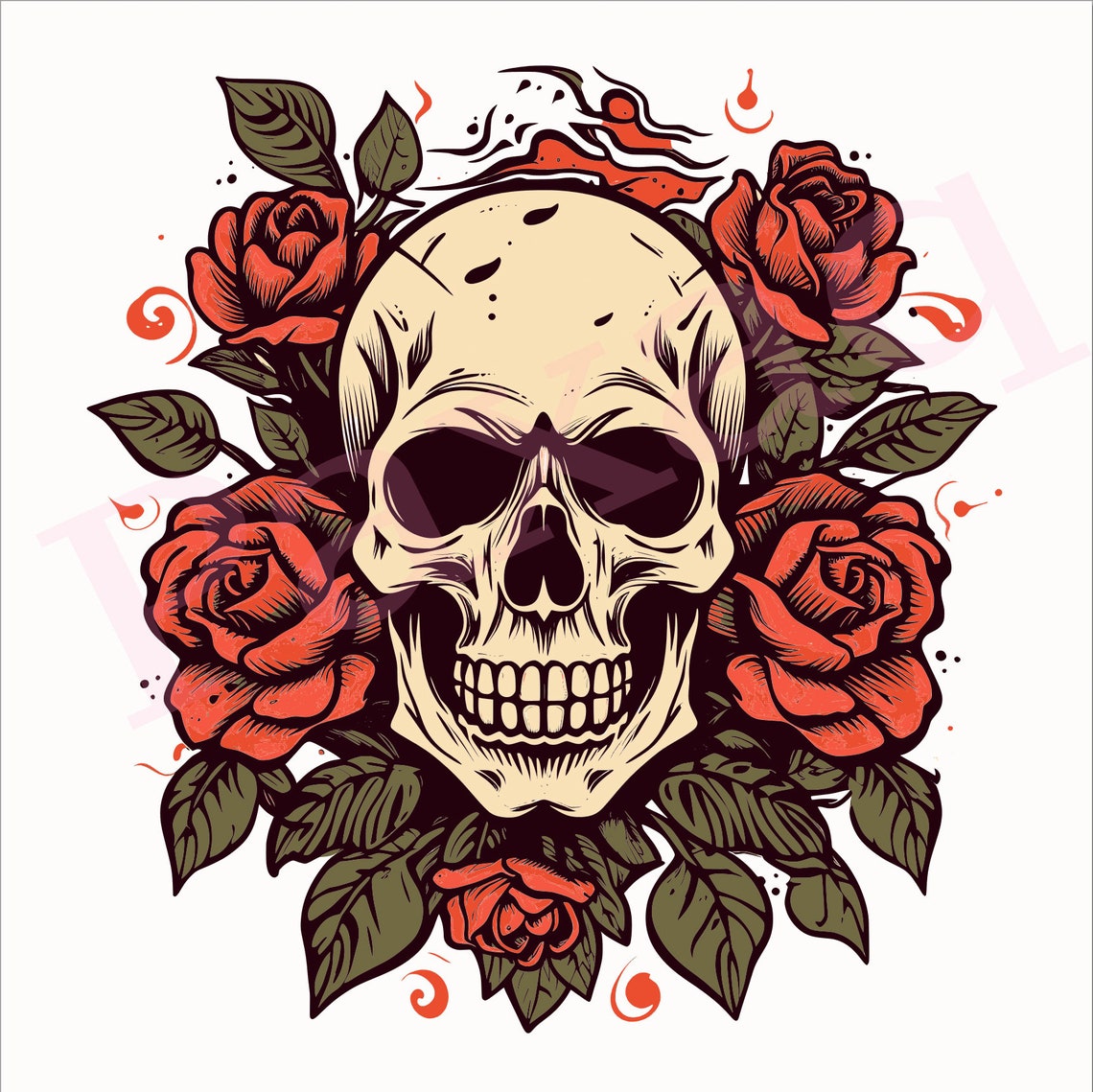 Skull and Roses Svg, Gorgeous Skull and Roses Vector, Skull and Roses ...