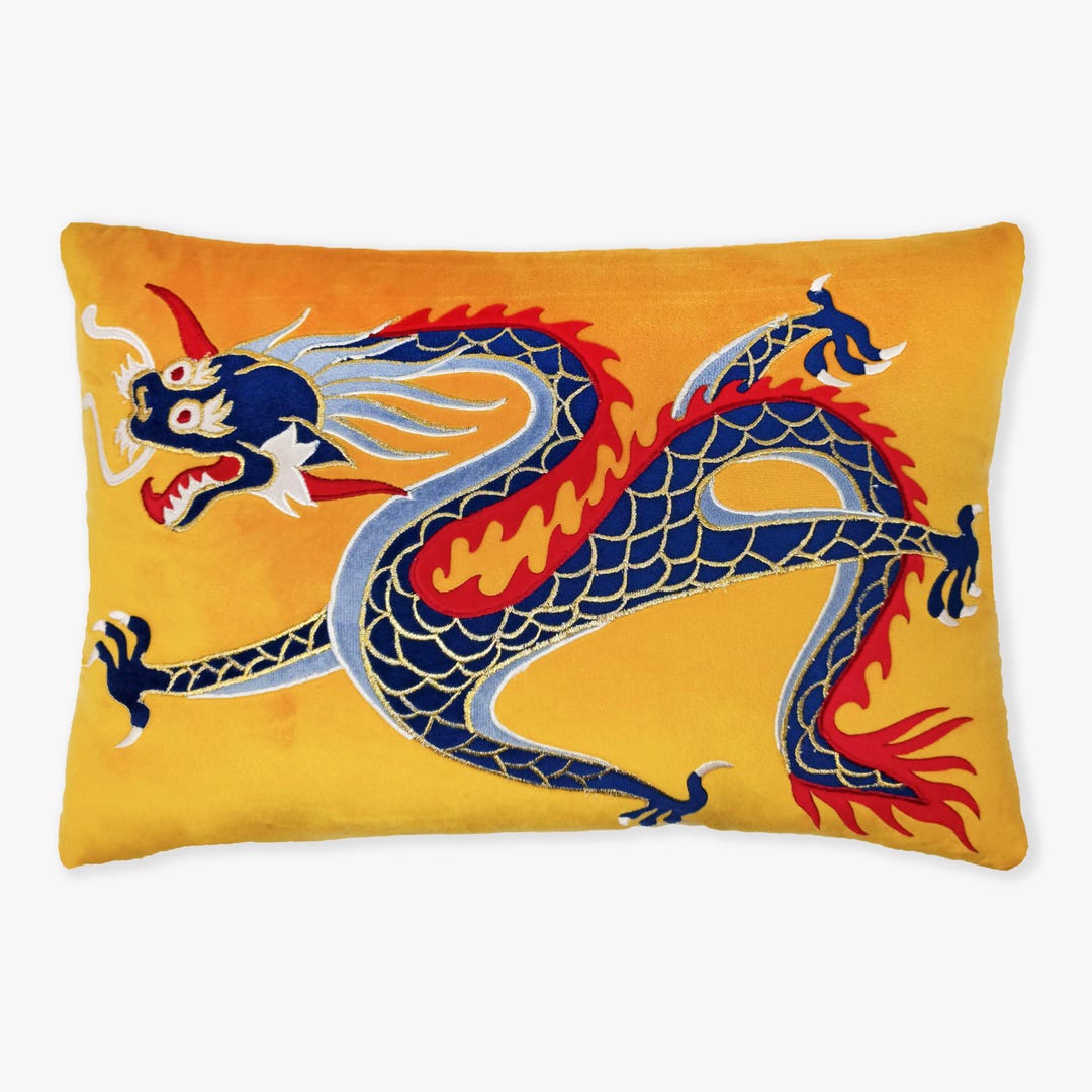 Luxury Embroidered Dragon Pillow Cover, Yellow & Blue Oriental Cushion ...