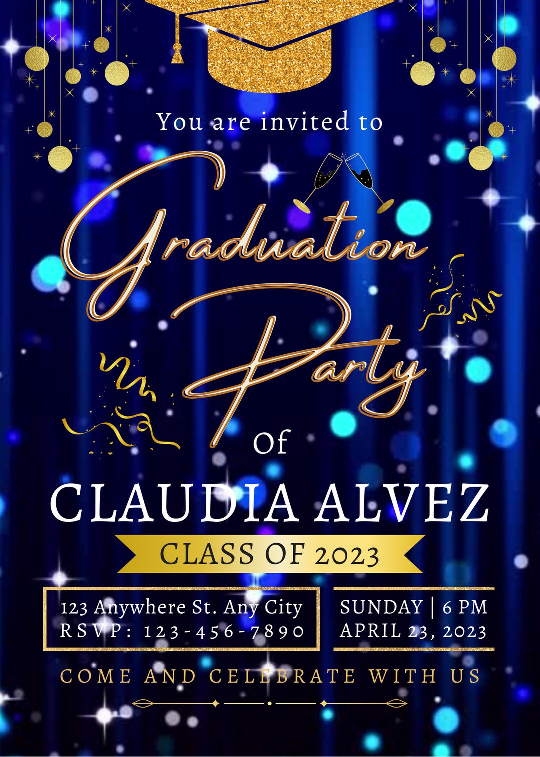 Blue and Gold Elegant Graduation Party Invitation DIY Digital Party ...