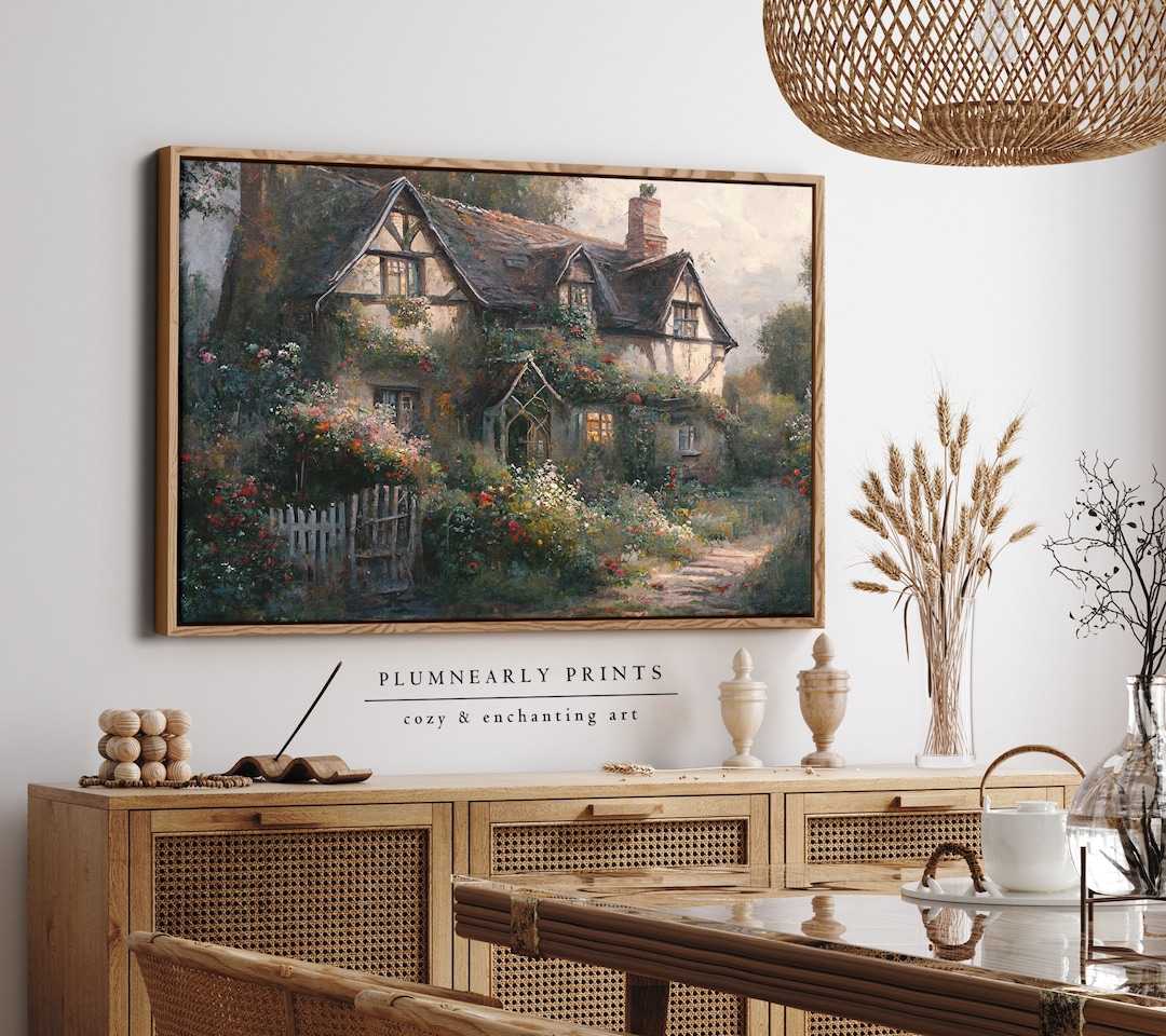 English Cottage Oil Painting Framed Canvas. Rose Garden Wall Art ...