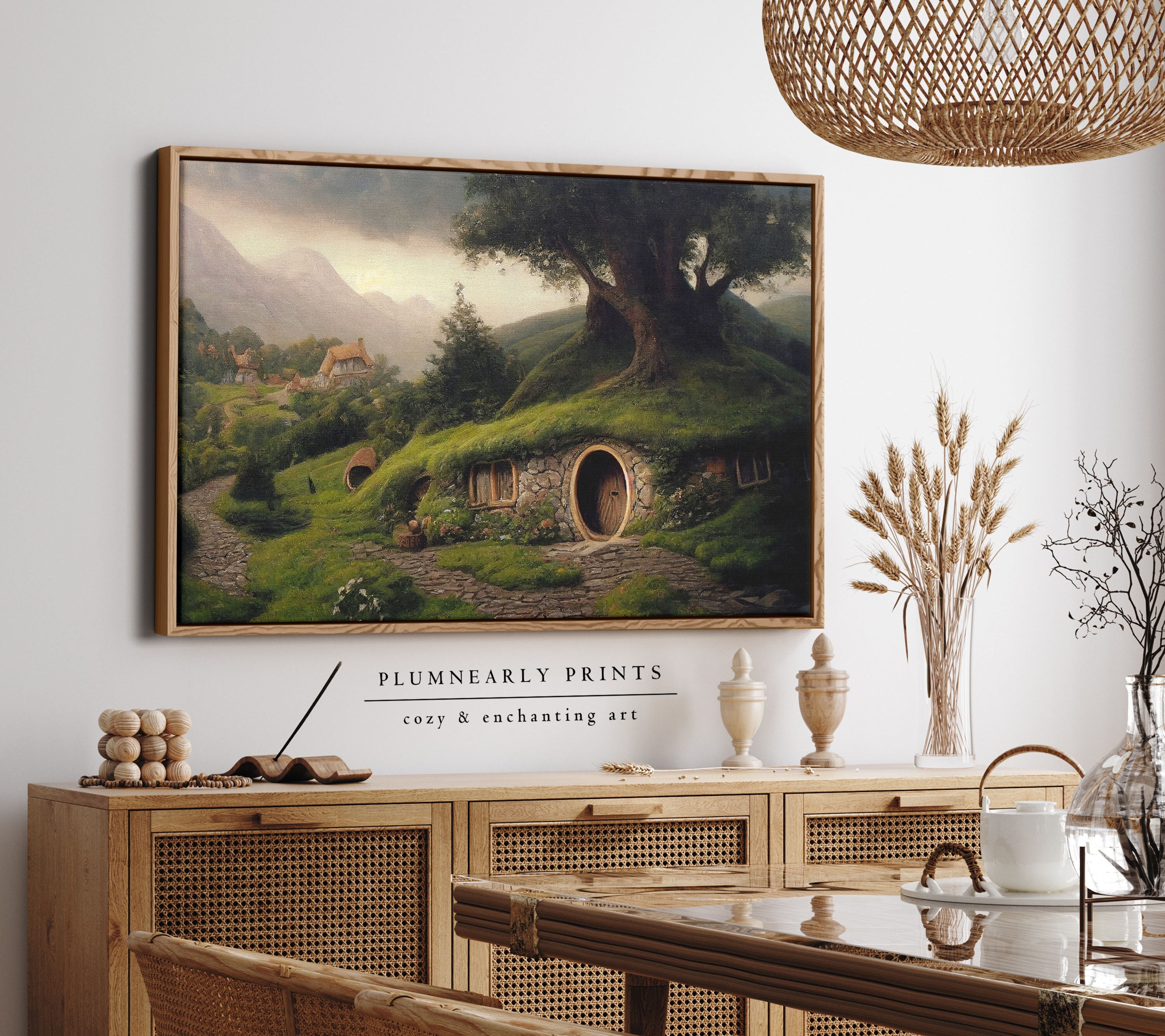 The Shire Oil Painting Framed Canvas. Hobbitcore Decor. Hobbit Hole ...