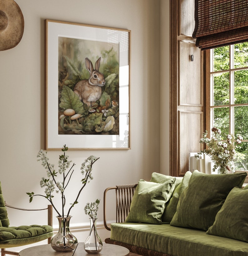 Woodland Rabbit Painting Digital Art Print, Rustic Rabbit Wall Art ...