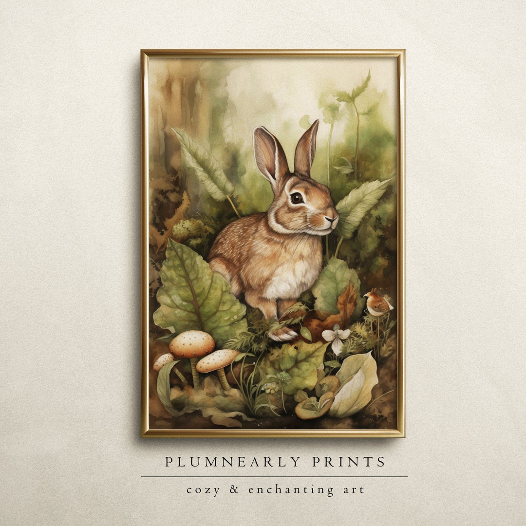 Woodland Rabbit Painting Digital Art Print, Rustic Rabbit Wall Art ...
