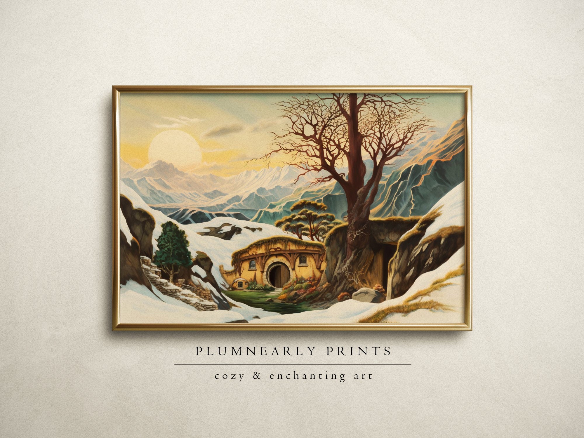 Hobbit House Painting Digital Art Print, the Shire Winter Fantasy ...