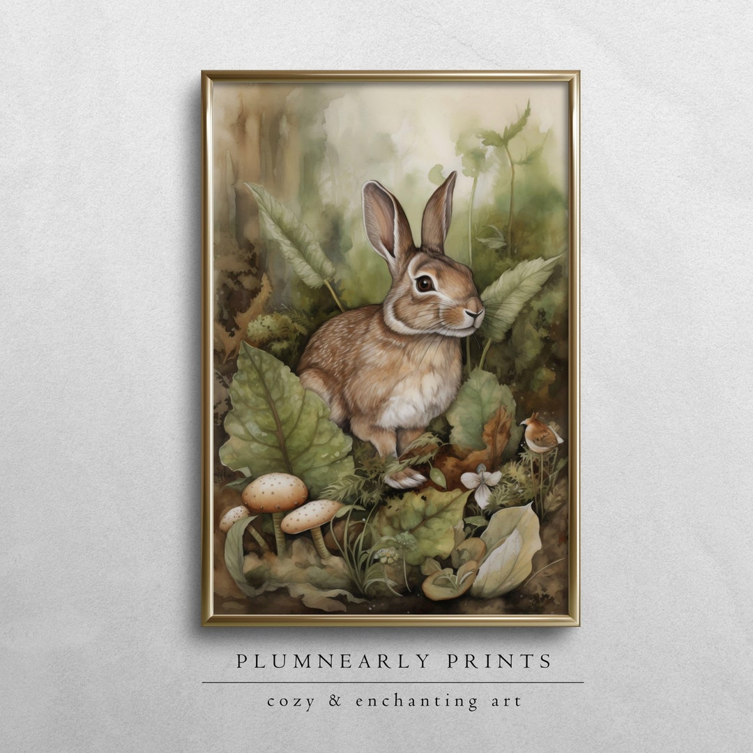 Woodland Rabbit Painting Art Print Poster, Rustic Rabbit Wall Art ...
