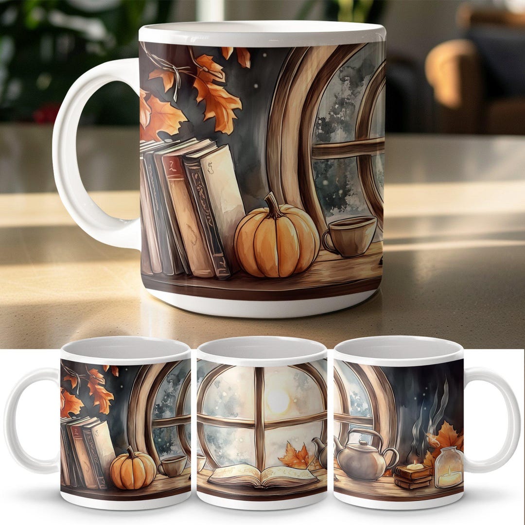 Cozy Autumn Night Hobbit Bookshelf Scene Mug, Fall Leaves Pumpkin Tea ...
