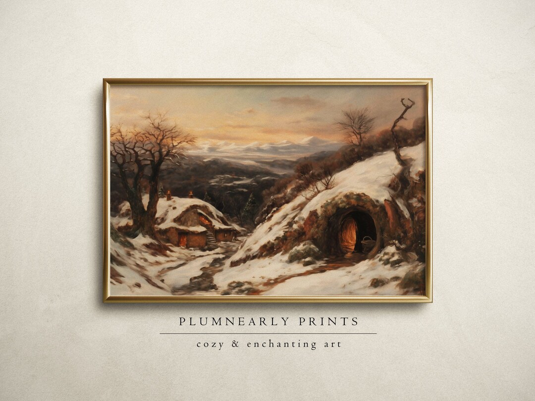 Hobbit House Painting Digital Art Print, Rustic Winter Landscape, Snowy ...