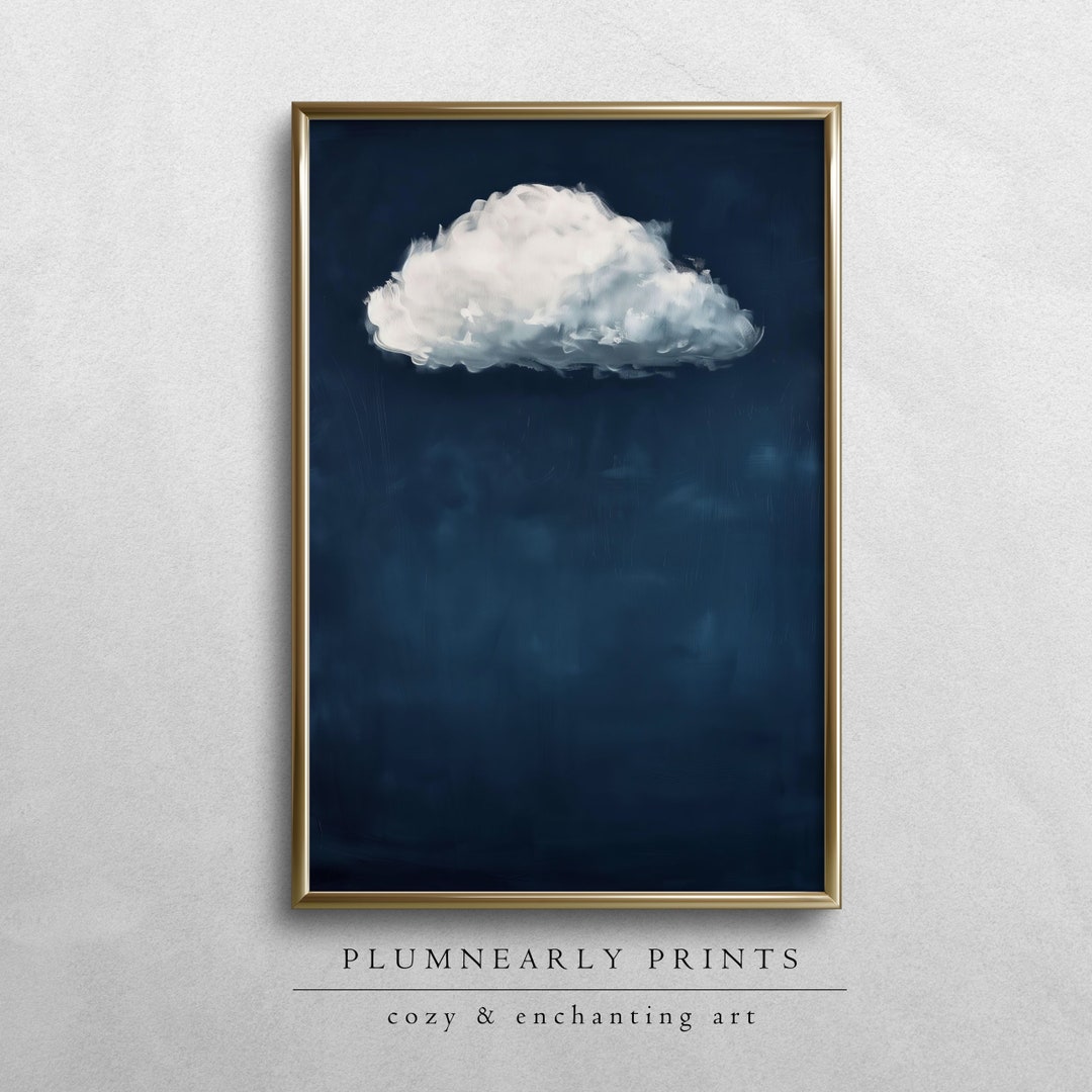 Indigo Blue Cloud Oil Painting Digital Art Print, Minimal White ...