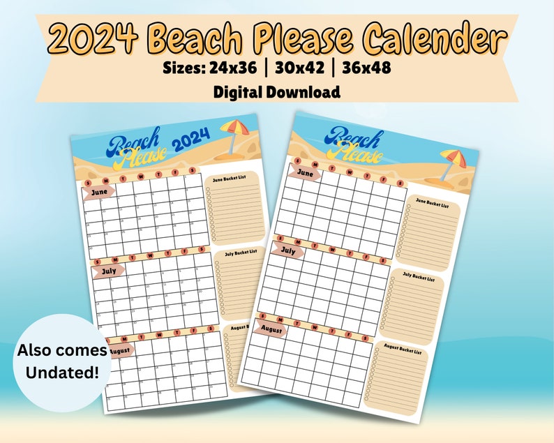 Large 2024 Beach Summer Calendar, Summer Planner, Printable Calendar ...