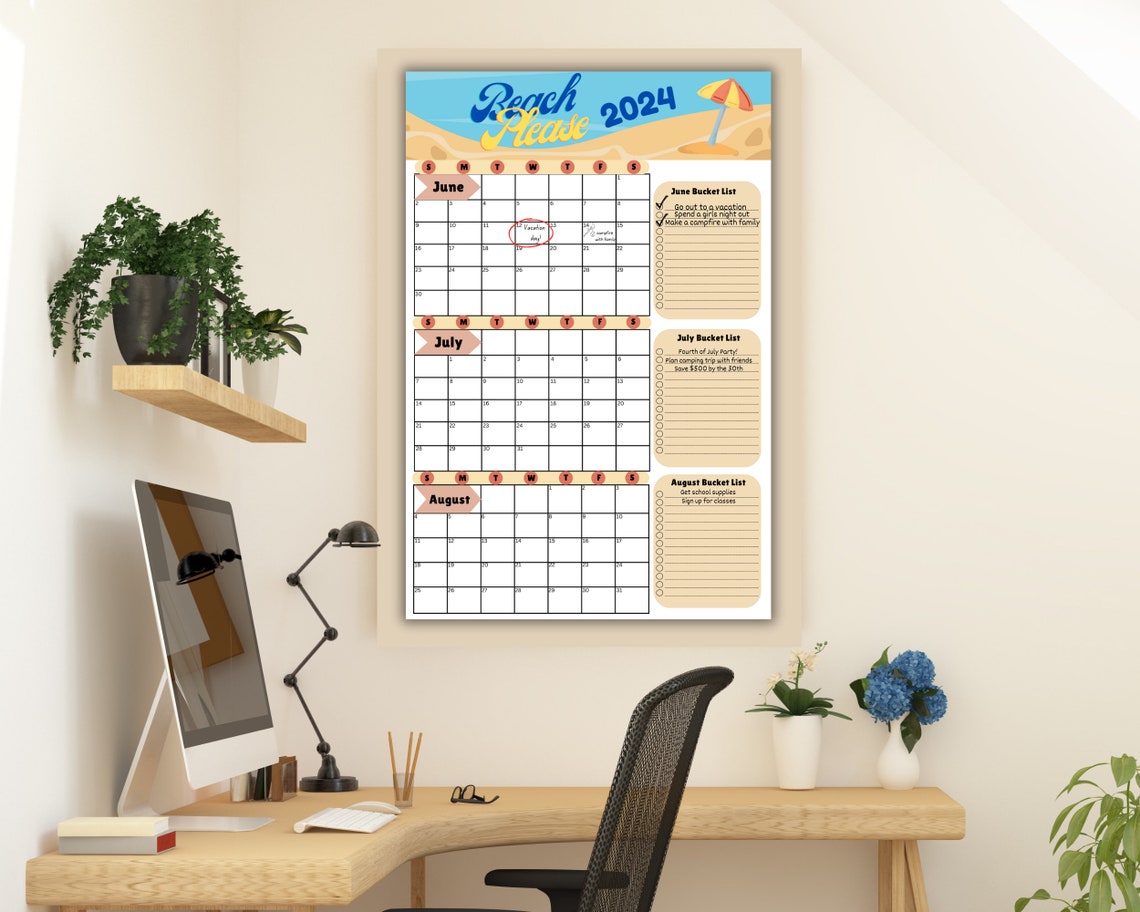Large 2024 Beach Summer Calendar, Summer Planner, Printable Calendar ...