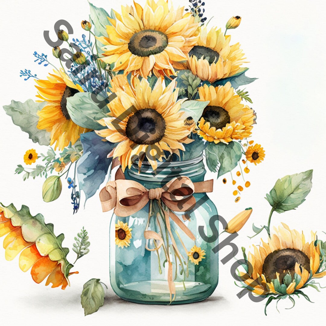 Realistic Watercolor Floral Sunflower Bouquet Summer Fall Clipart PNG ...