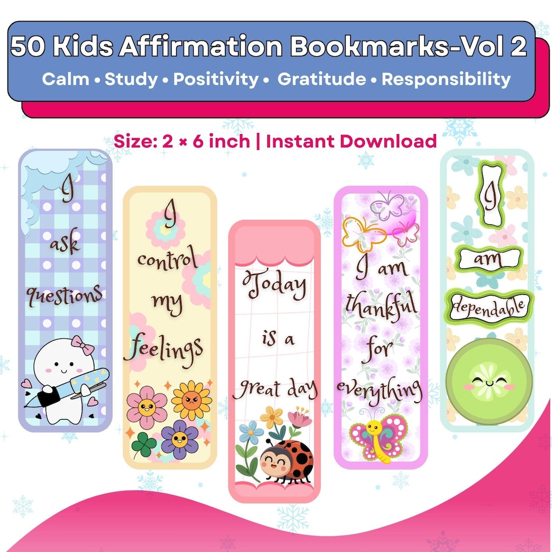 50 Kids Affirmation Bookmarks Printable, Calm Study Positivity Set, 2x6 ...