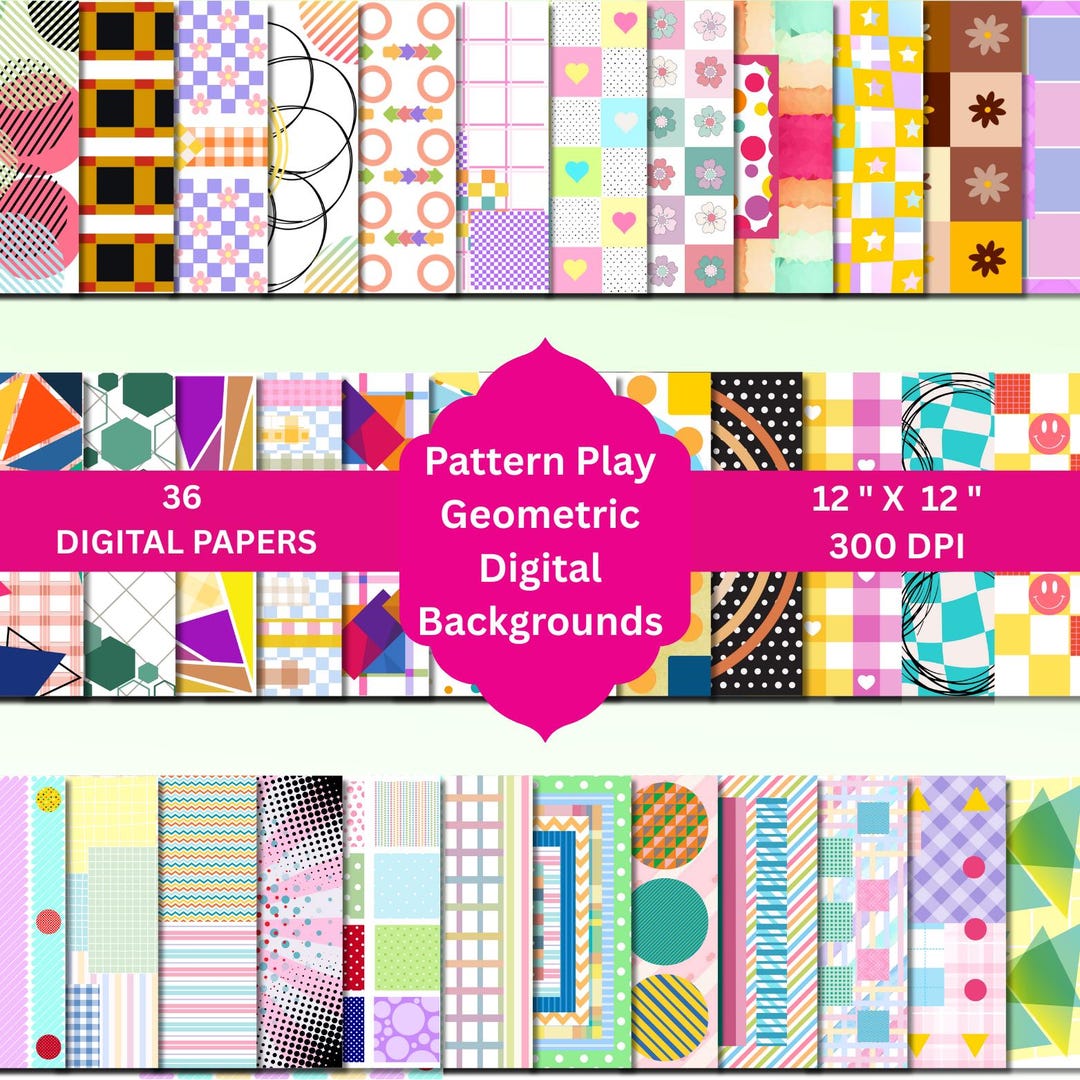 Geometric Pattern Digital Paper Pack, 36 PNG Files (12x12 Inches ...