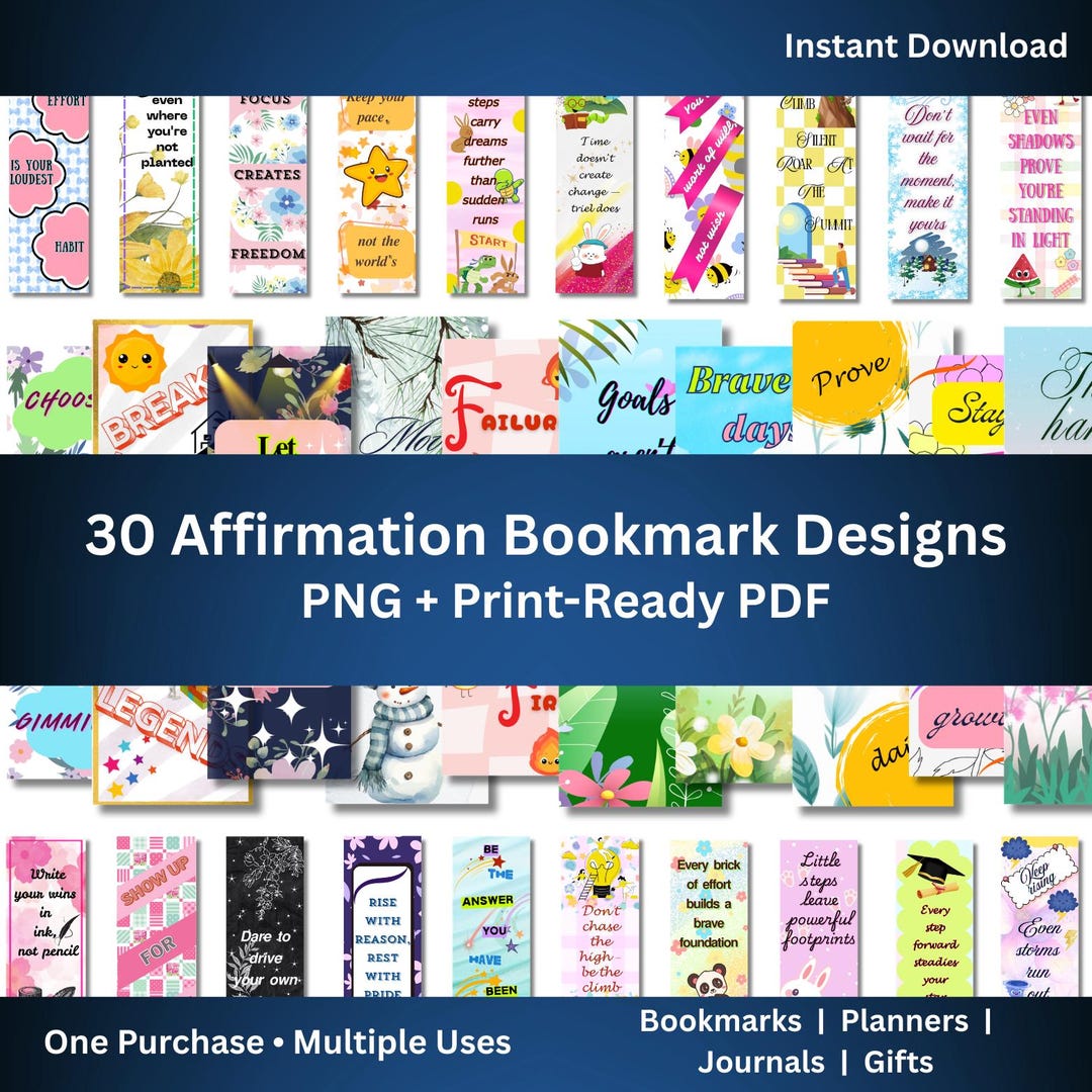 30 Affirmation Bookmark Designs PNG & PDF | Printable Motivational ...