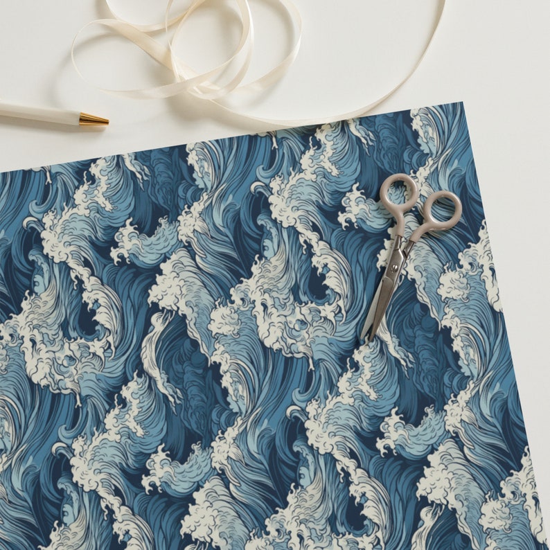 Japanese Ocean Waves Wrapping Paper: Asian Watercolor Gift Wrap (set of ...