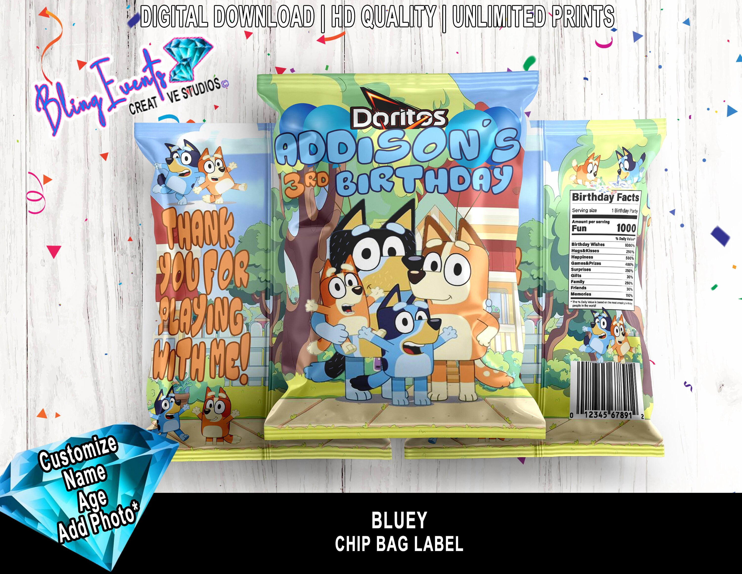Bluey Chip Bag Juice Box Labels Water Bottle Labels Fruit Snacks Labels ...