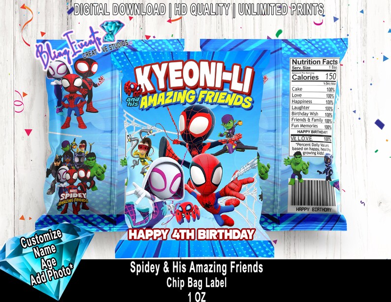 Spidey and His Amazing Friends Chip Bag - Juice Box Labels - Water ...