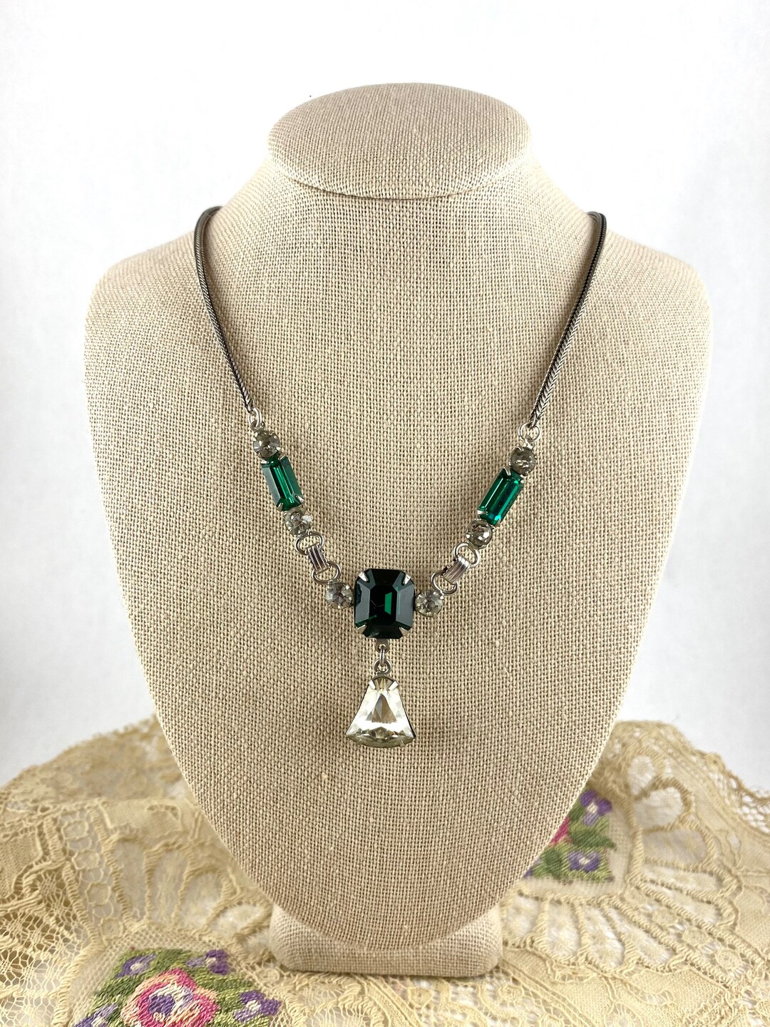 1940s Emerald Green Rhinestone Necklace Etsy