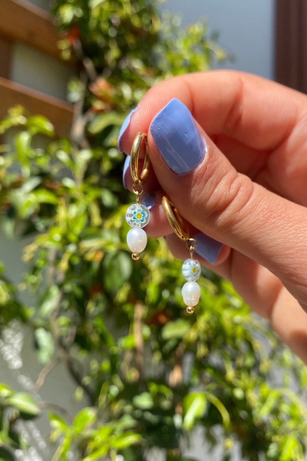 SAND Boucles D'oreilles Créoles Avec Perle Fleur Millefiori Et Perle D ...