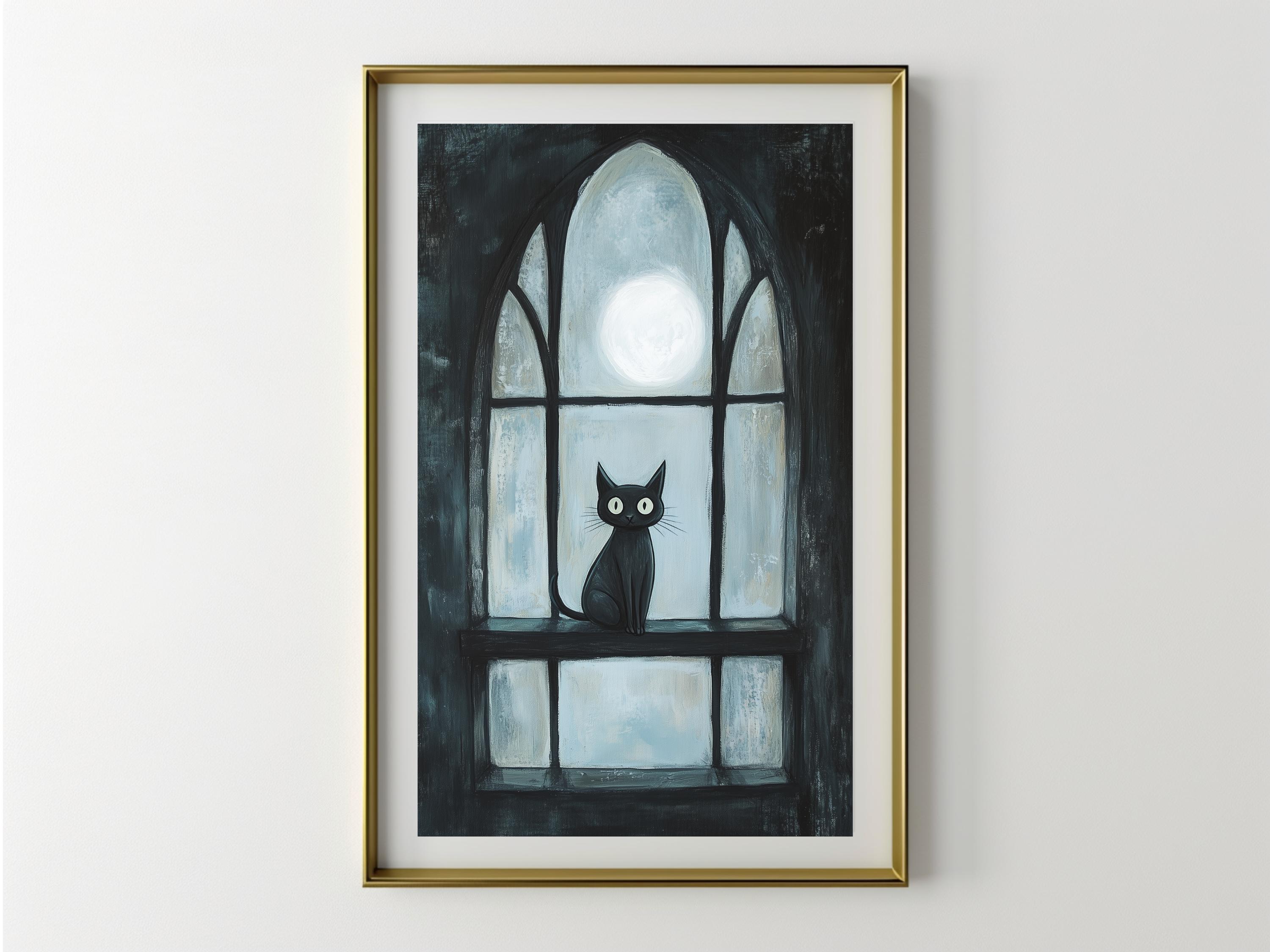 Black Cat in Gothic Window Wall Art Printable Halloween Decor Digital ...